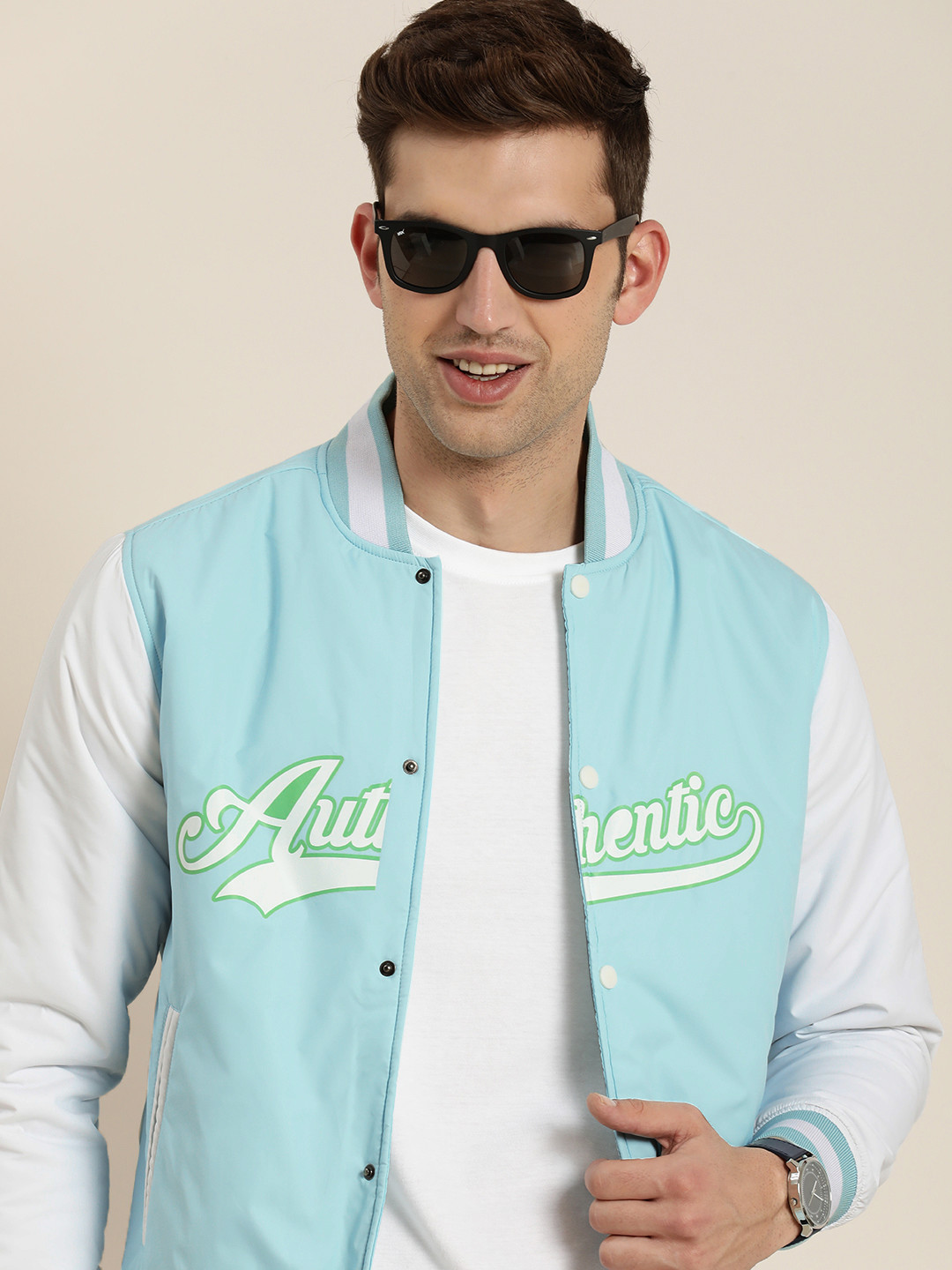 Buy HERE&NOW Typography Printed Mandarin Collar Varsity Jacket ...