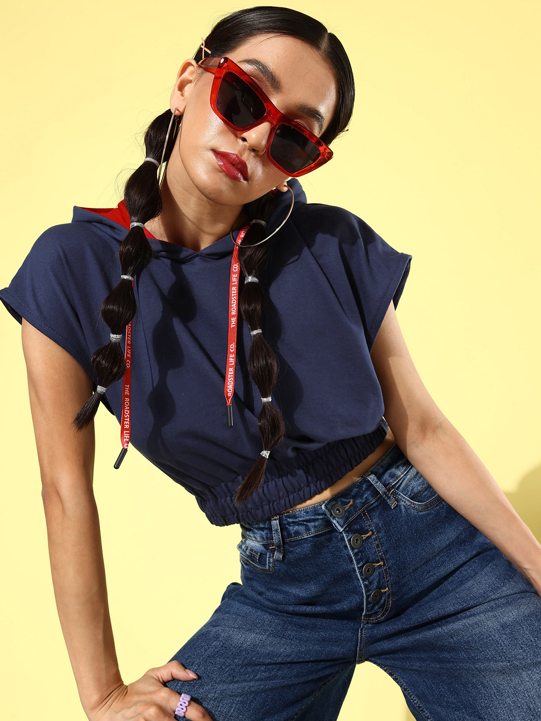 Buy The Roadster Life Co. Navy Blue Winter Discotheque Hooded Crop ...