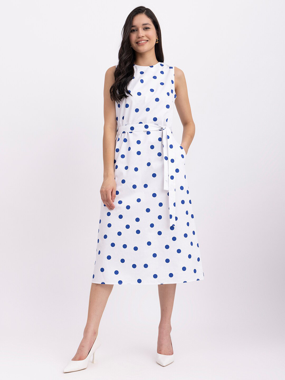 Buy FableStreet Polka Dot Printed A Line Midi Women Dress With Belt ...