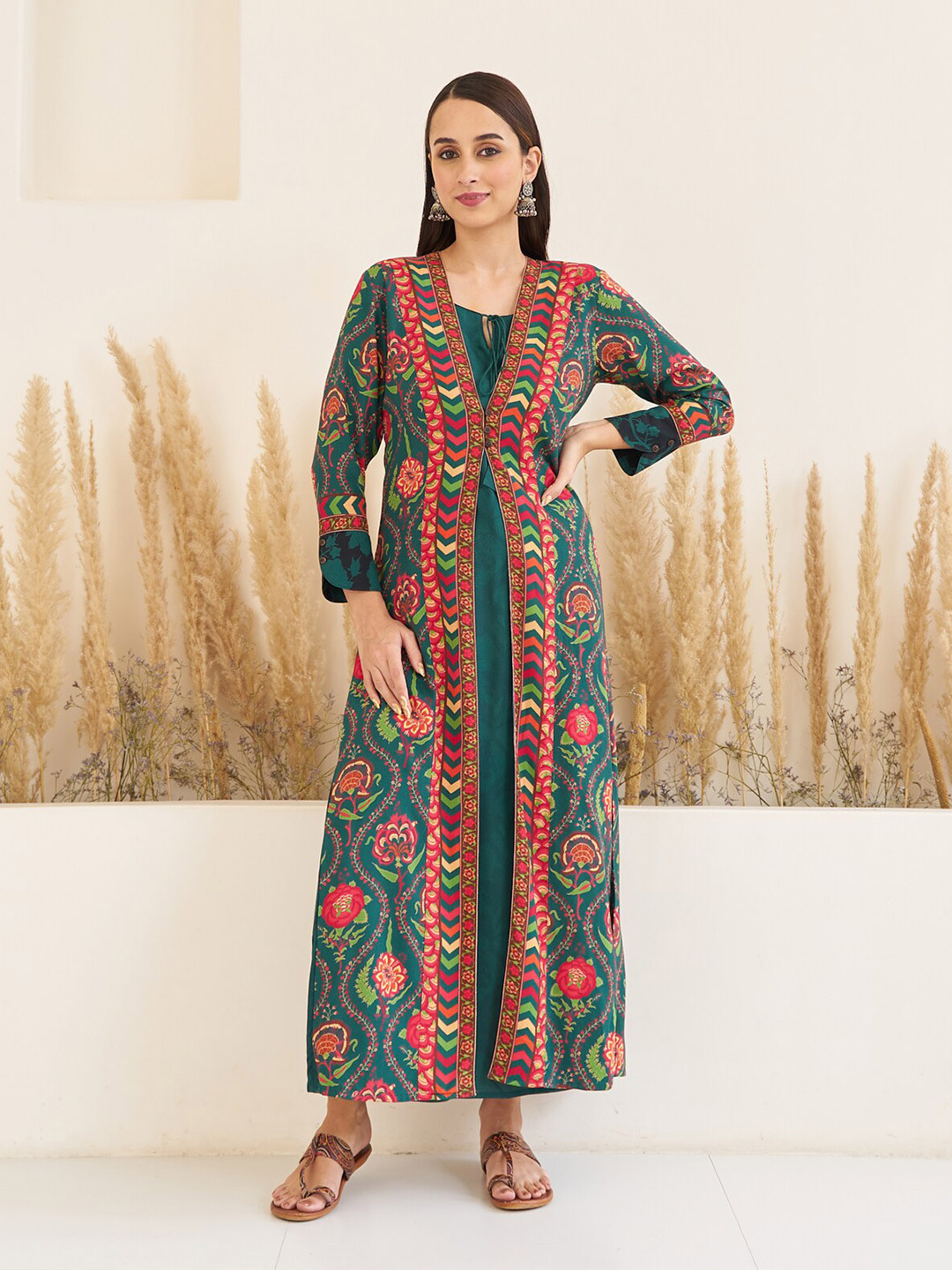 Buy Rustorange Side Slit A Line Maxi Ethnic Dress With Printed Long ...