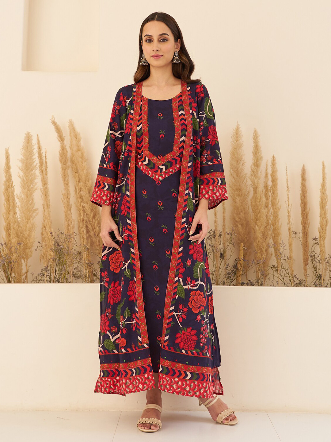 Buy Rustorange Floral Printed A Line Maxi Ethnic Dress With Long Shrug ...