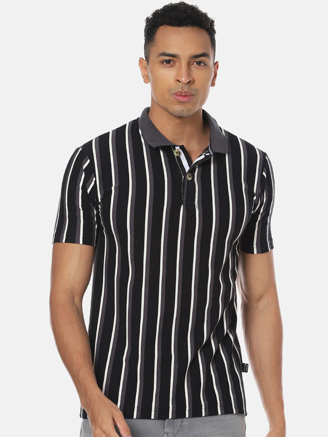 Buy Campus Sutra Black & White Striped Polo Collar Cotton T Shirt ...