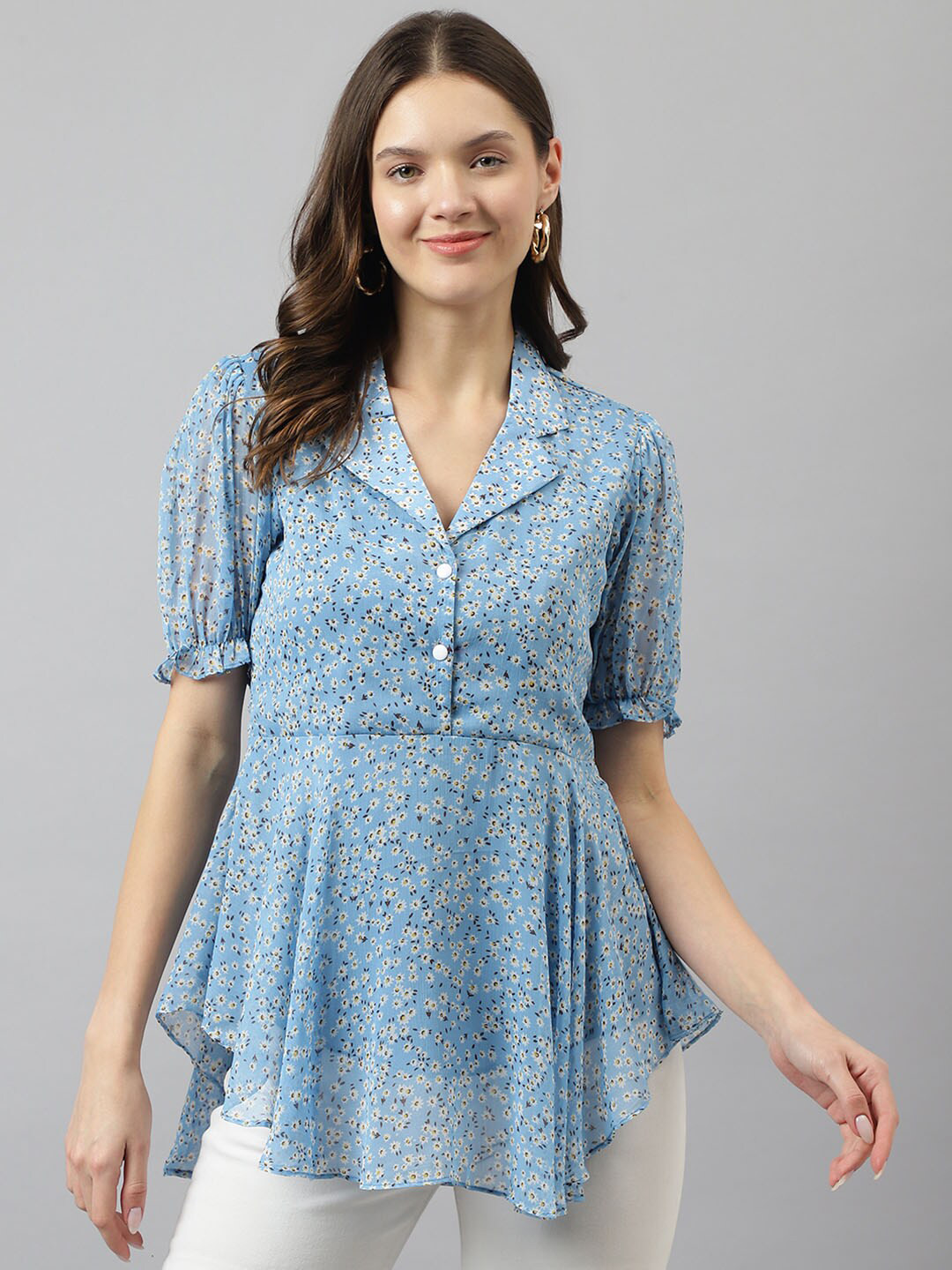 Buy KERI PERRY Floral Printed Lapel Collar Puff Sleeve High Low Top ...