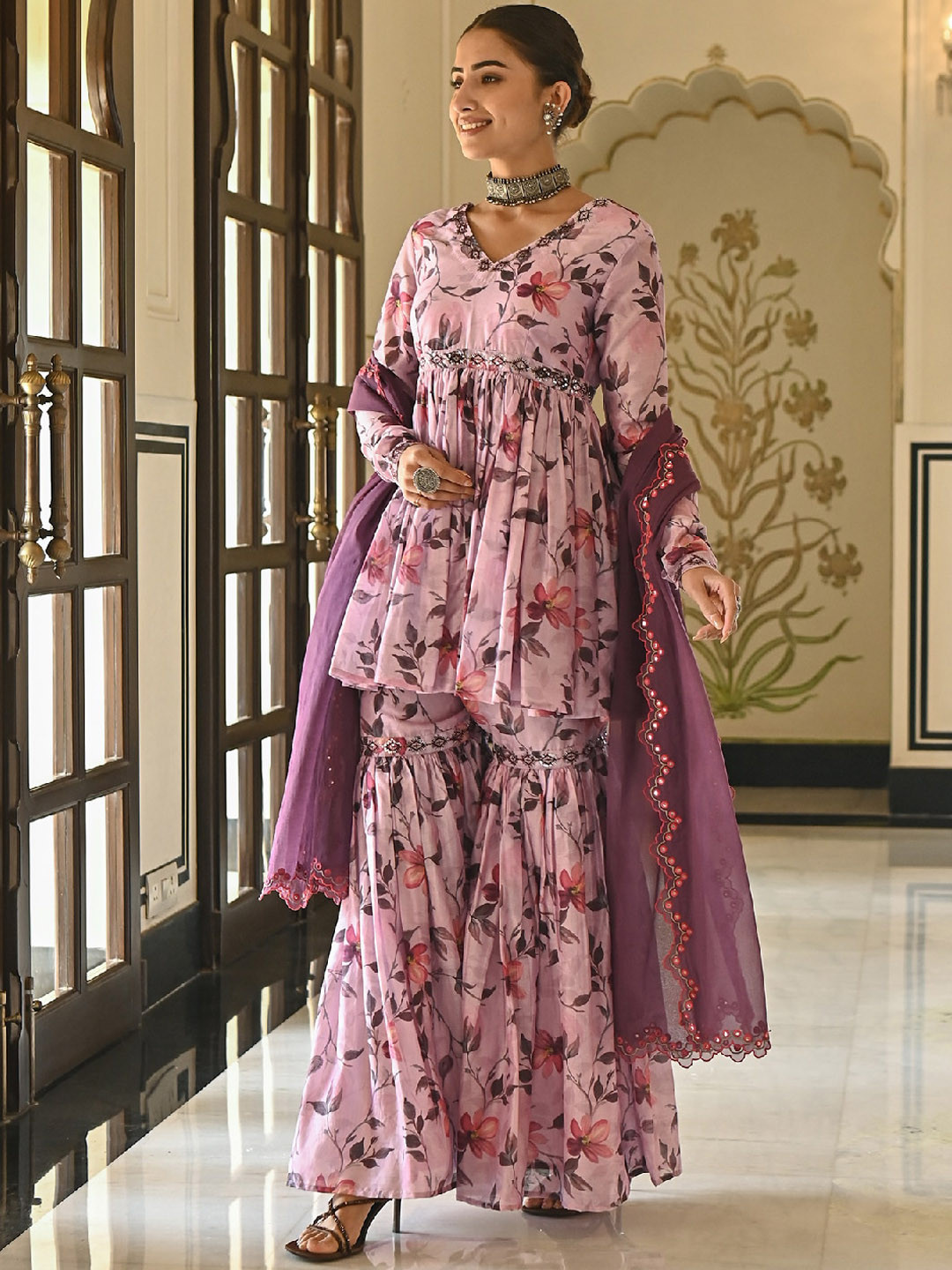Buy EverBloom Floral Printed Beads & Stones Empire Kurti With Sharara & Dupatta - Kurta Sets for ...