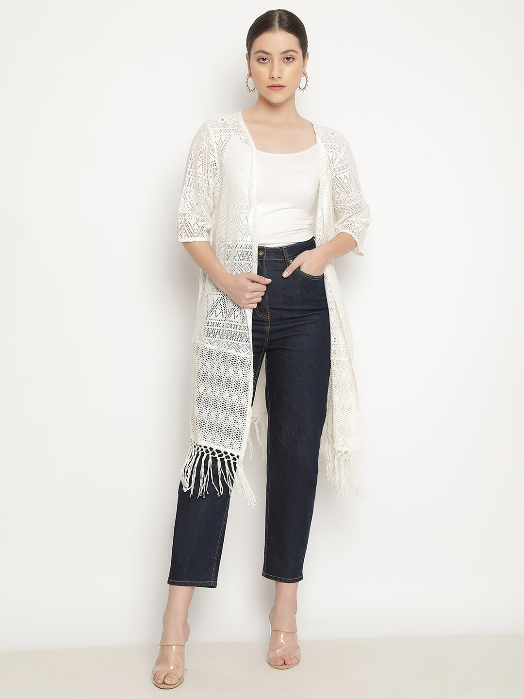 Buy UnaOne Women Self Design Lace Open Front Pure Cotton Longline Shrug ...