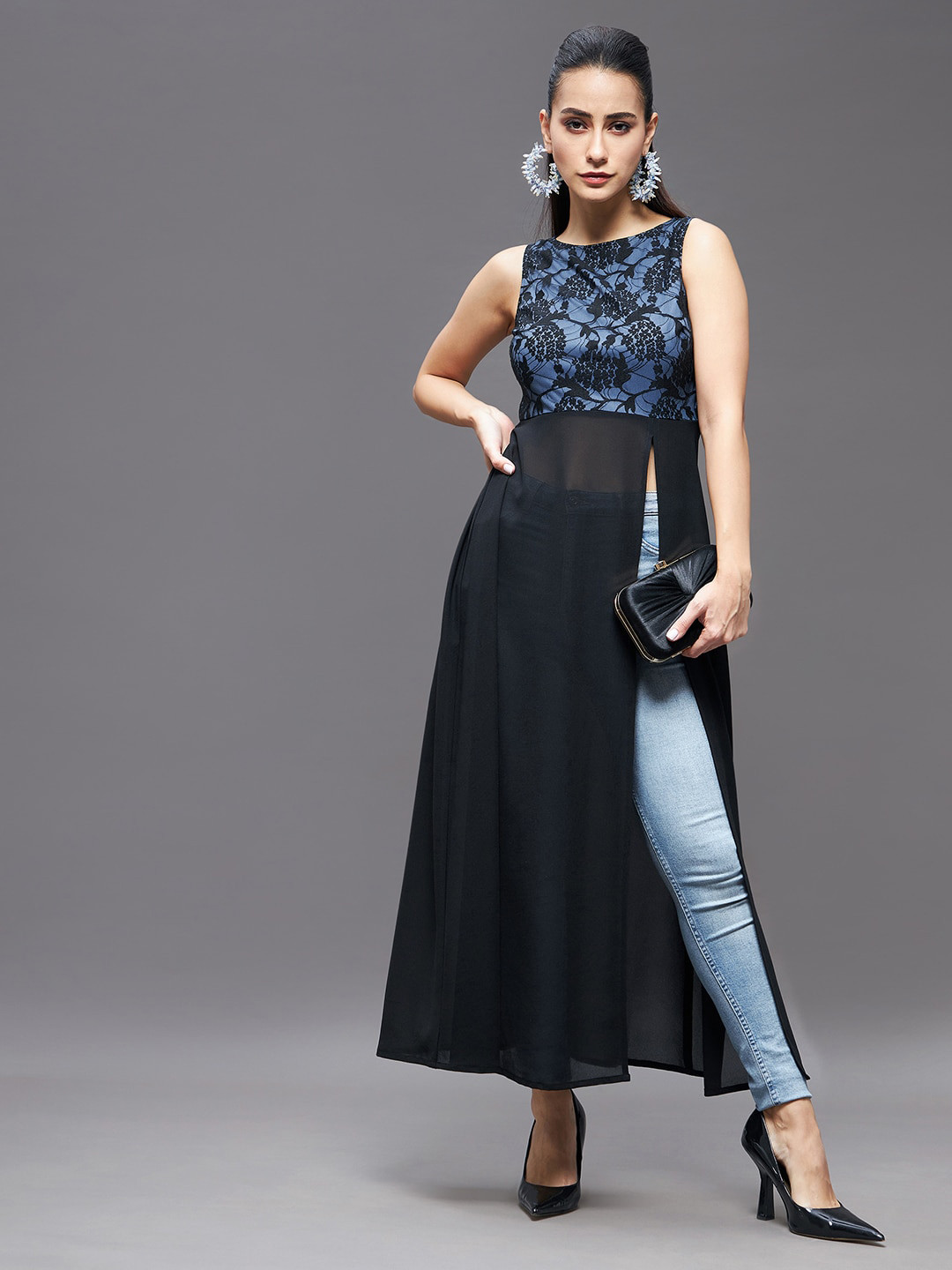 Buy Miss Chase Black & Blue Lace Inserted Maxi Top - Tops for Women ...