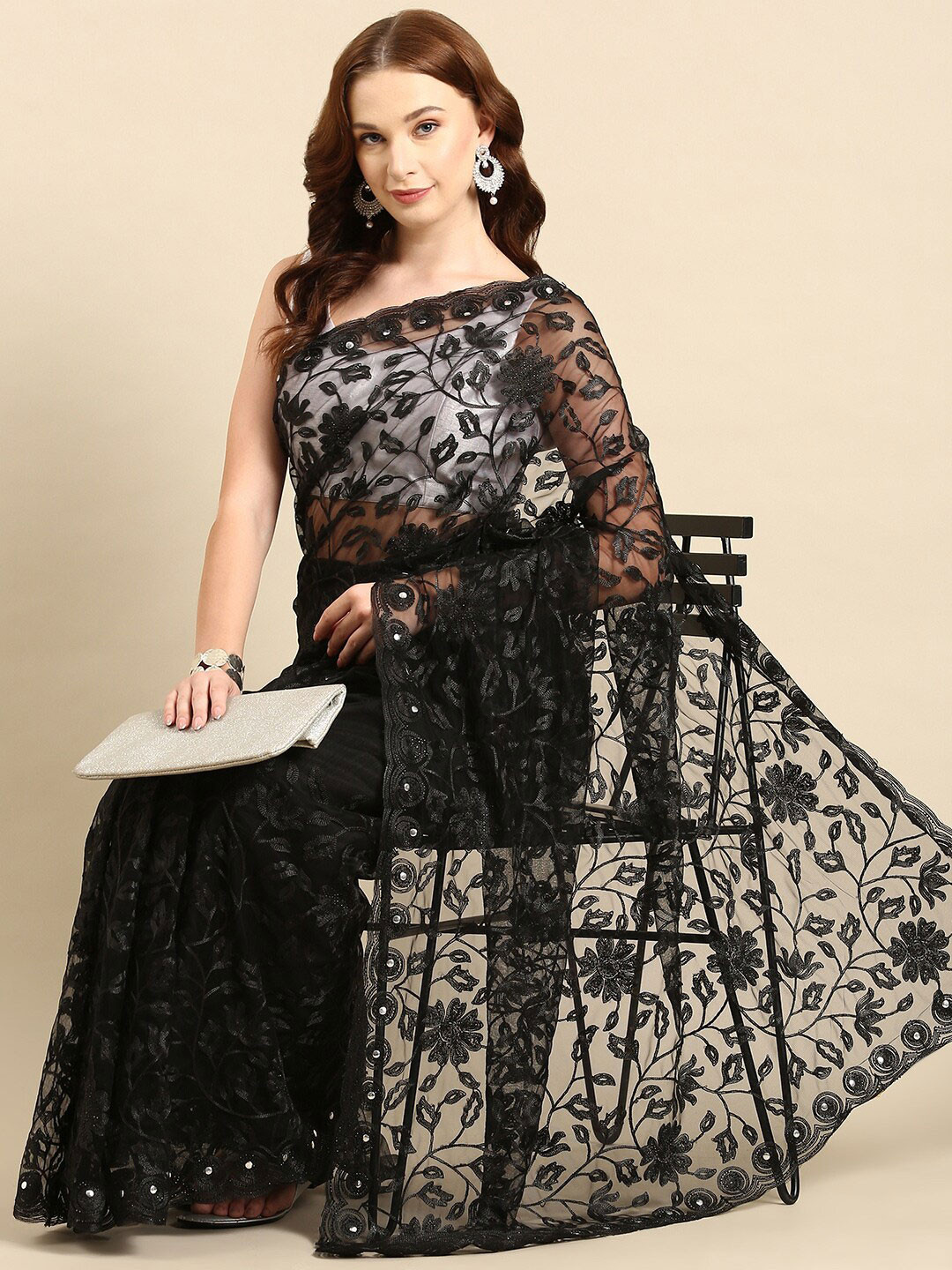 Buy Anouk Black Floral Embroidered Net Saree - Sarees for Women ...