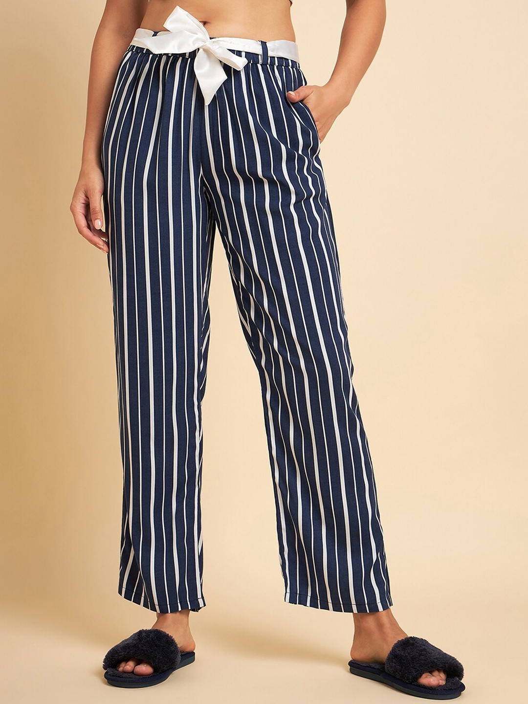 Buy Sweet Dreams Women Navy Blue Striped Straight Fit Lounge Pants ...