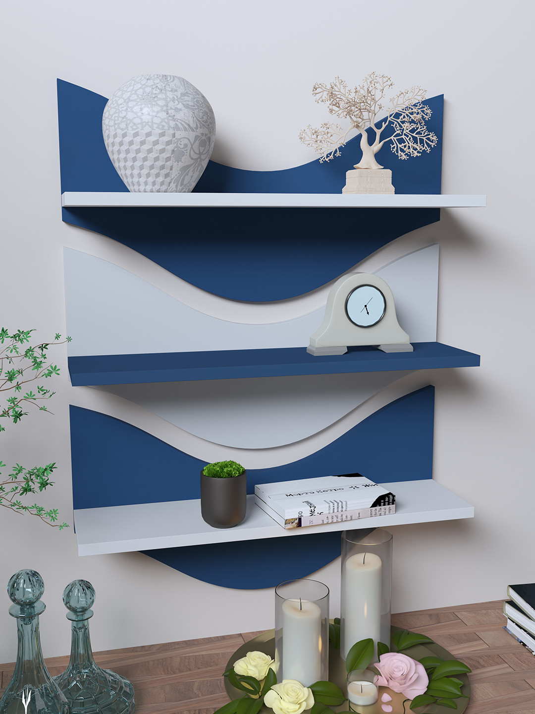 Buy RANDOM White & Blue 3 Pieces Wood Basic Wall Shelves - Wall Shelves ...