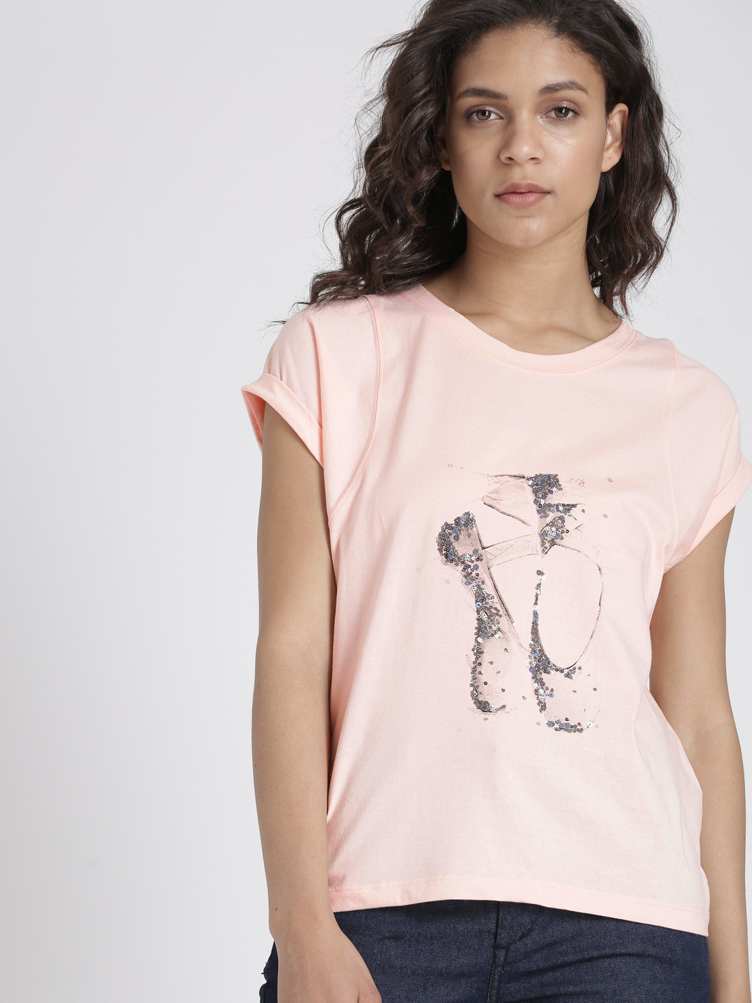 Buy Chemistry Women Peach Coloured Printed Round Neck T Shirt - Tshirts ...