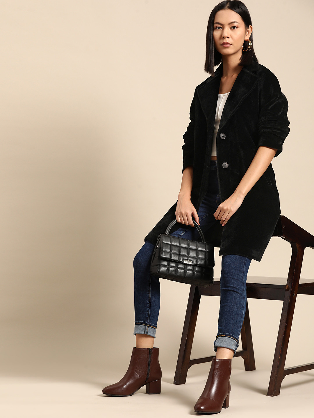 Buy All About You Velvet Finish Notched Lapel Collar Longline Overcoat ...