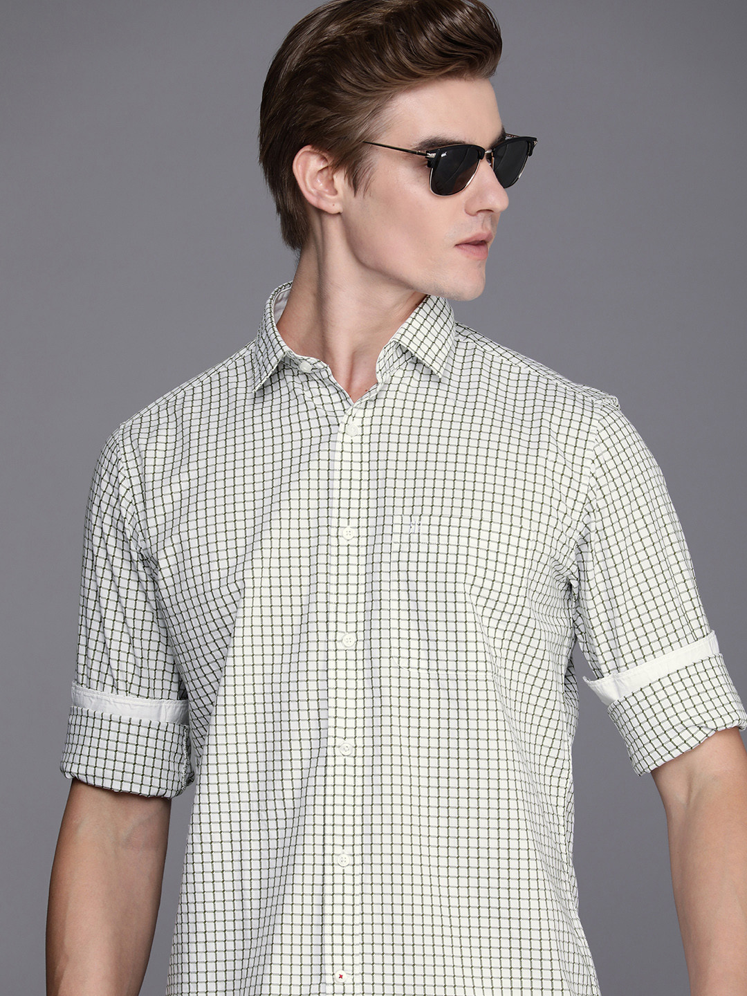 Buy Raymond Self Design Checked Slim Fit Pure Cotton Casual Shirt ...