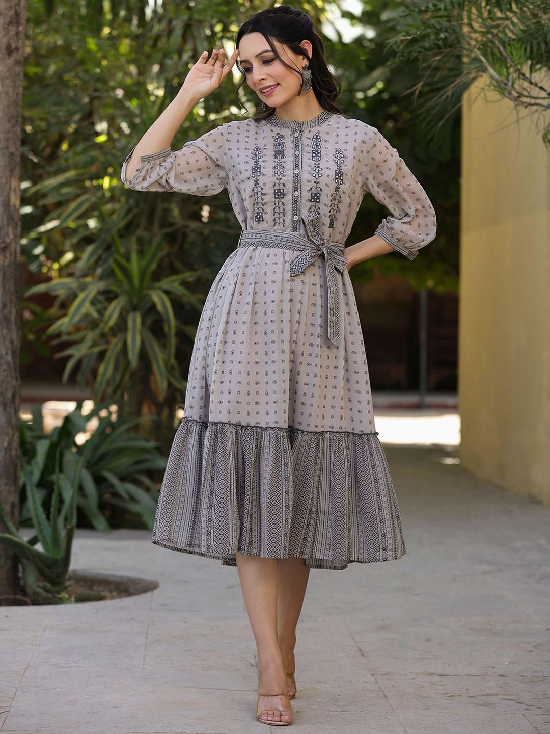 Buy Juniper Grey & Blue Printed Band Collar Puff Sleeves Fit & Flare ...