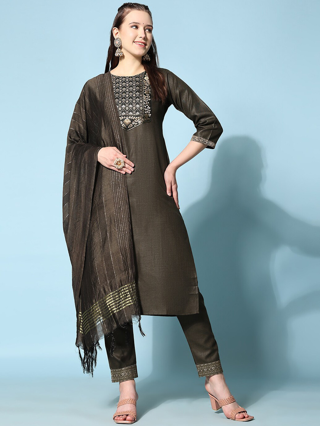 Buy Ziva Fashion Ethnic Motifs Yoke Design Kurta With Trousers ...