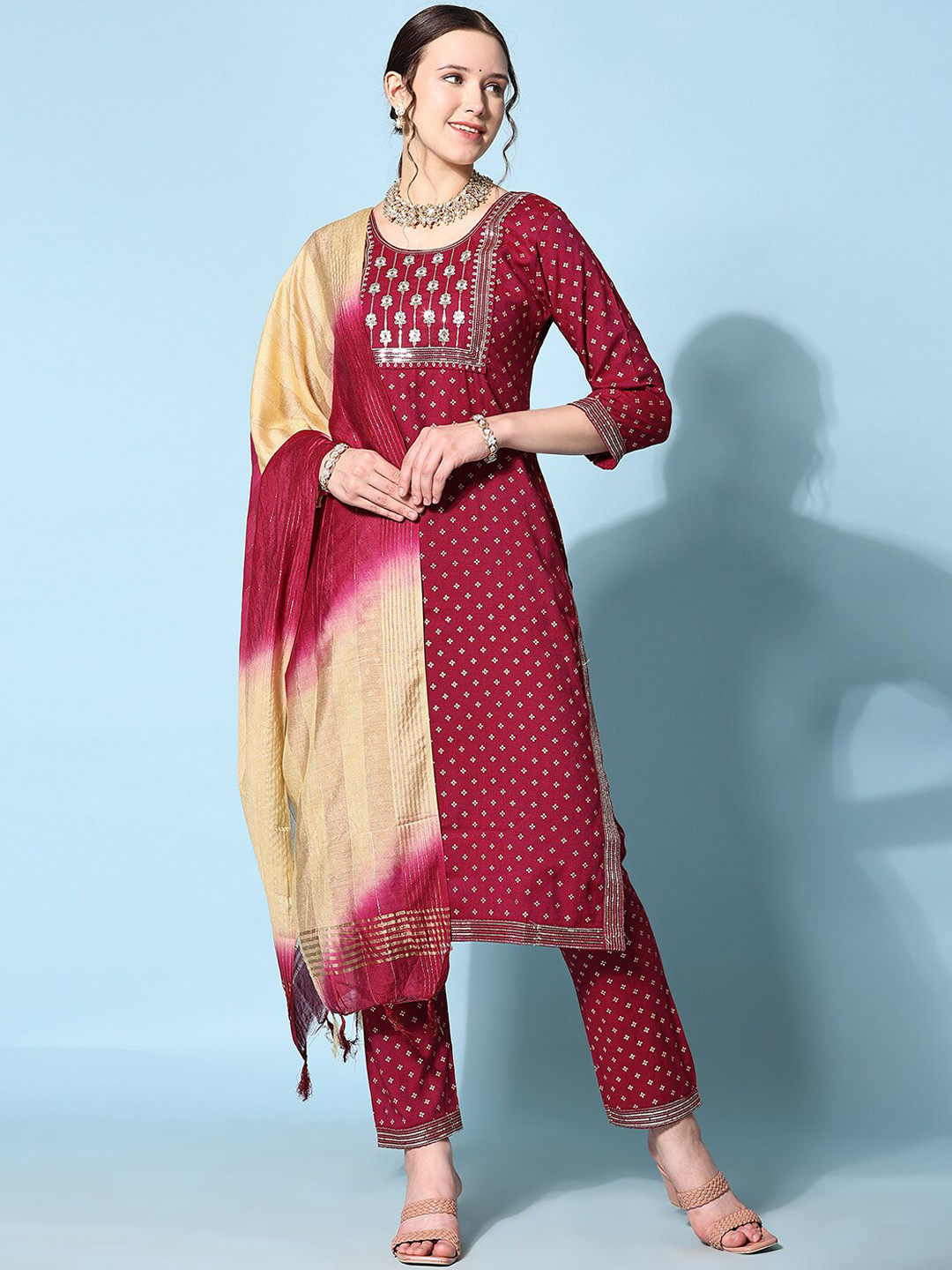 Buy Ziva Fashion Floral Printed Sequinned Kurta With Trousers & Dupatta ...
