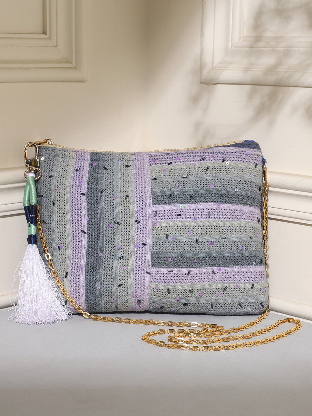 Buy DEEBACO Self Design Structured Sling Bag With Tasselled - Handbags ...