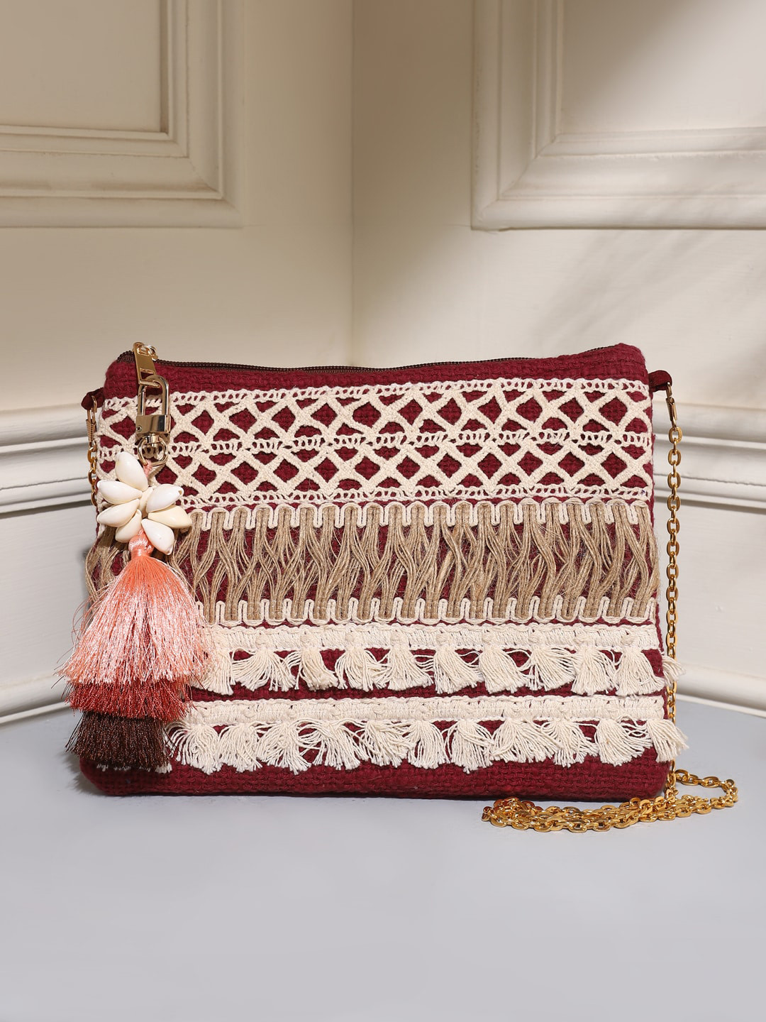 Buy DEEBACO Self Design Structured Sling Bag With Tasselled - Handbags ...