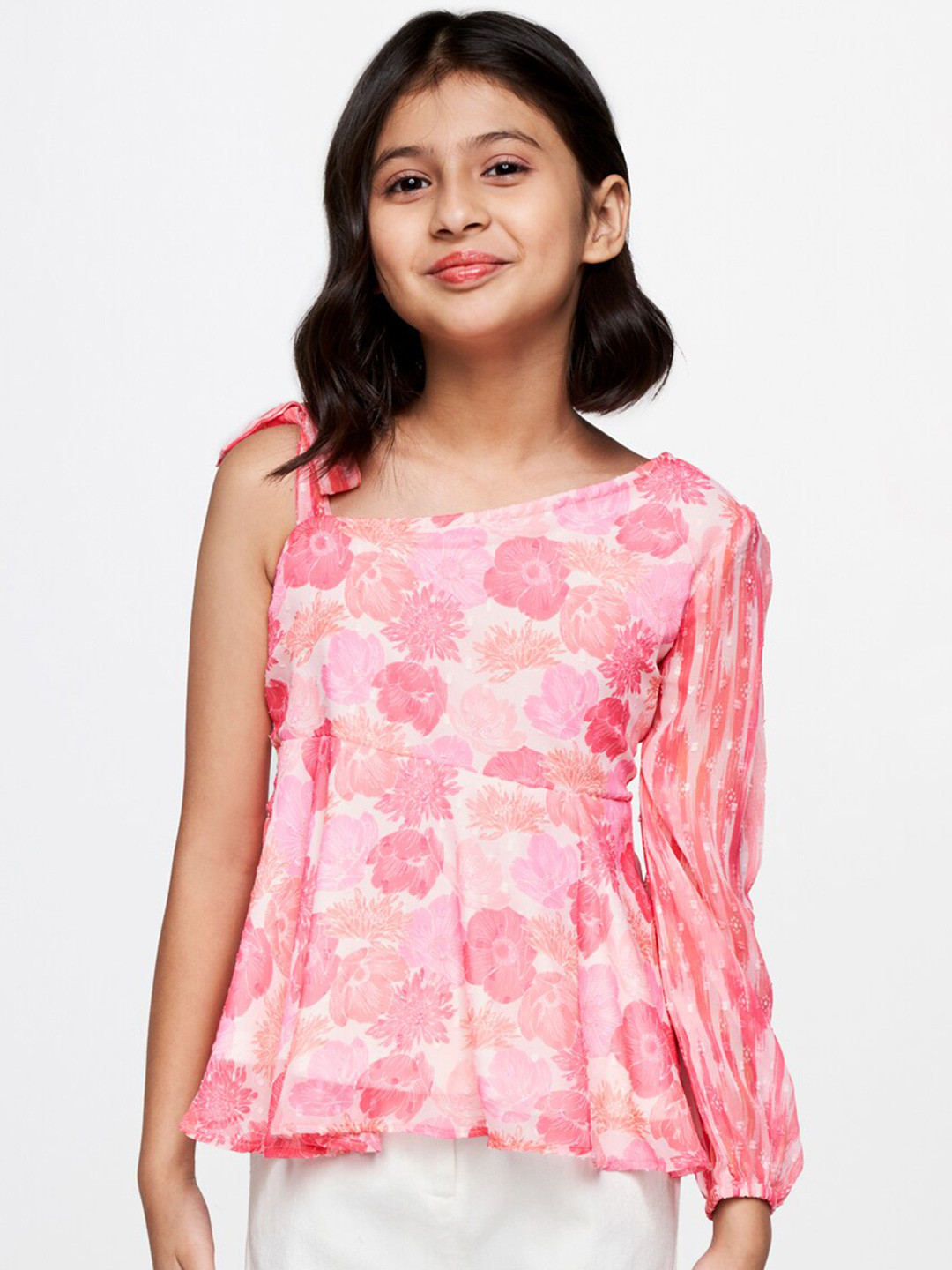 Buy Global Desi Girls Floral Printed Puff Sleeve Peplum Top - Tops for ...