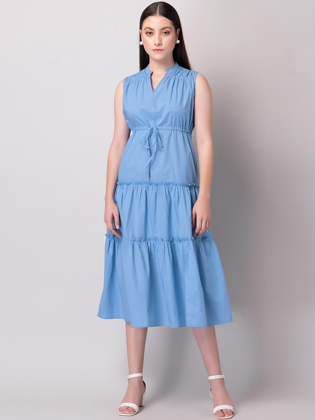 Buy FabAlley Blue Tie Up Tiered Pure Cotton Fit & Flare Midi Dress ...