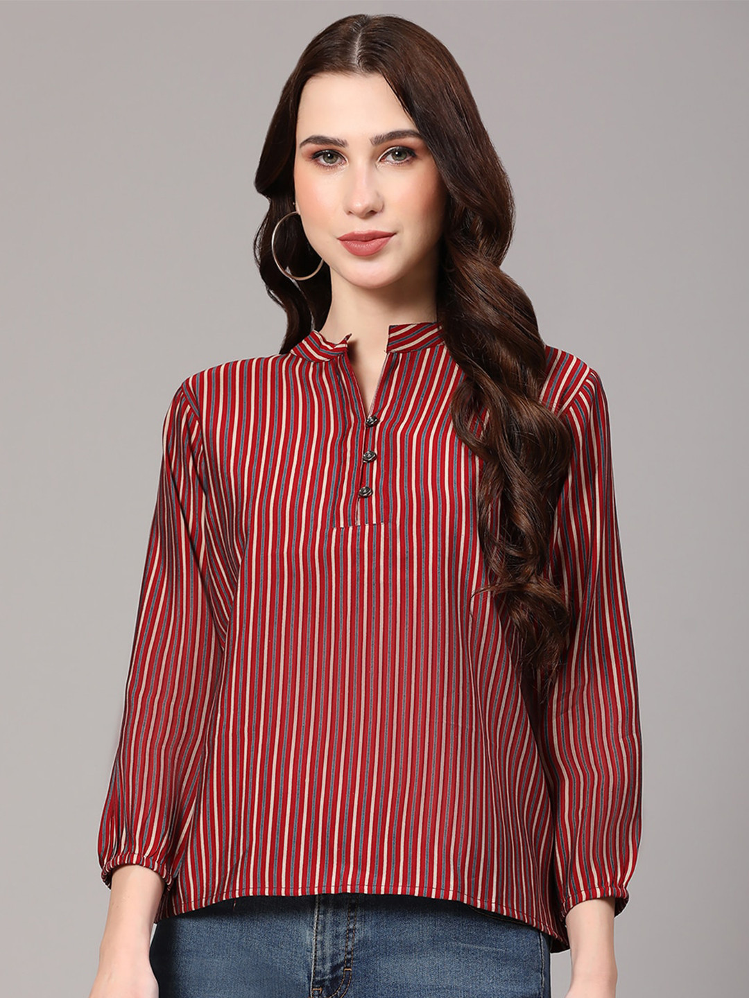 Buy V TRADITION Striped Mandarin Collar Casual Top - Tops for Women ...