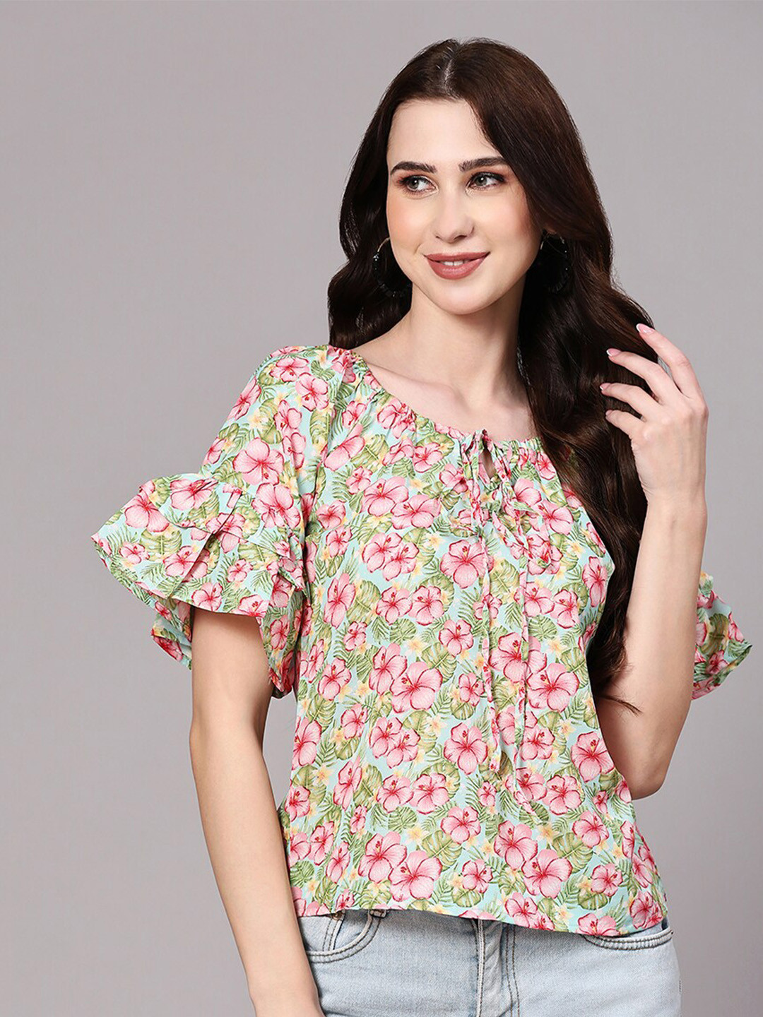 Buy V TRADITION Floral C Keyhole Neck Flared Sleeve Top - Tops for ...