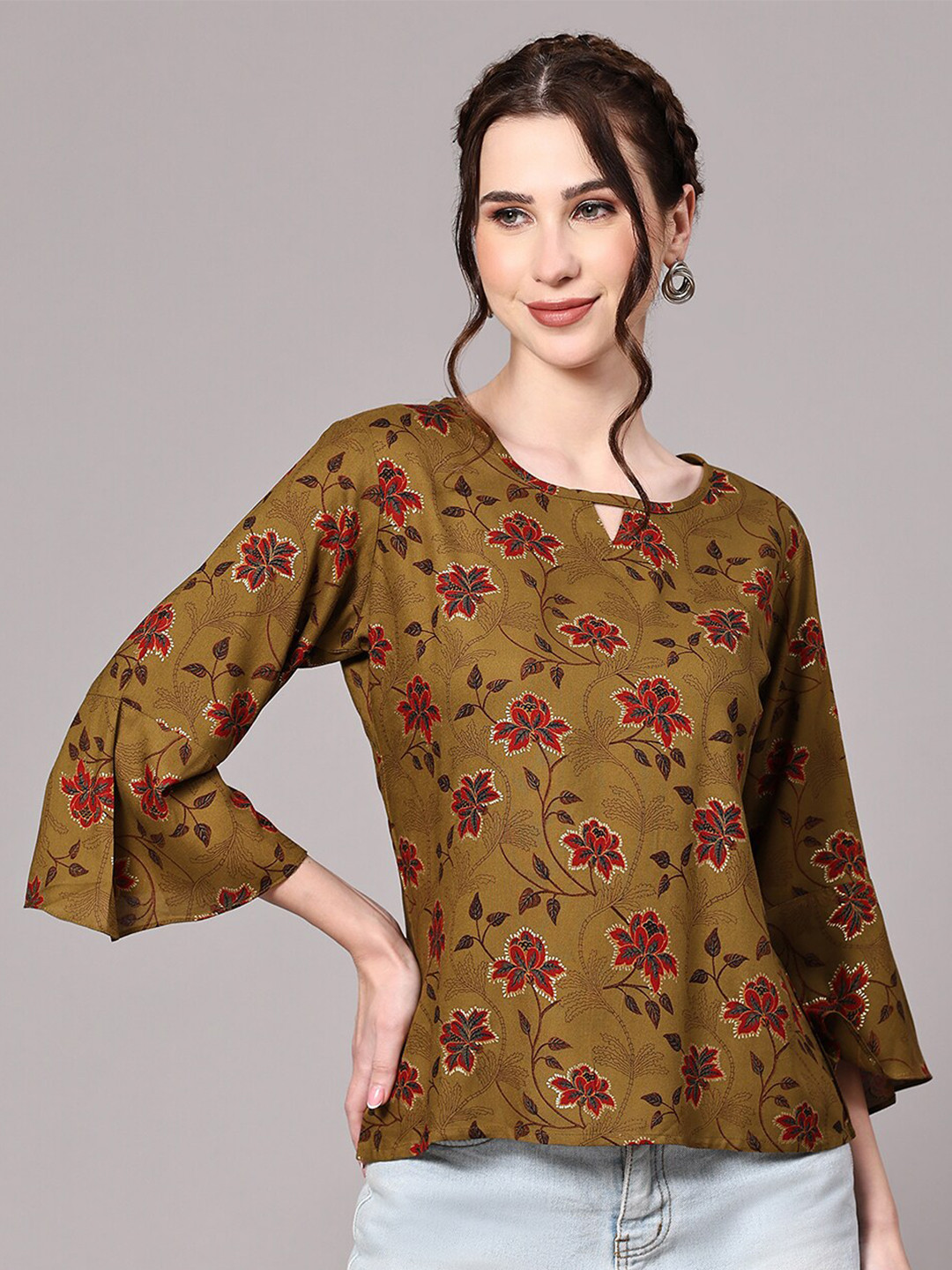 Buy V TRADITION Floral Printed Bell Sleeve Top - Tops for Women ...