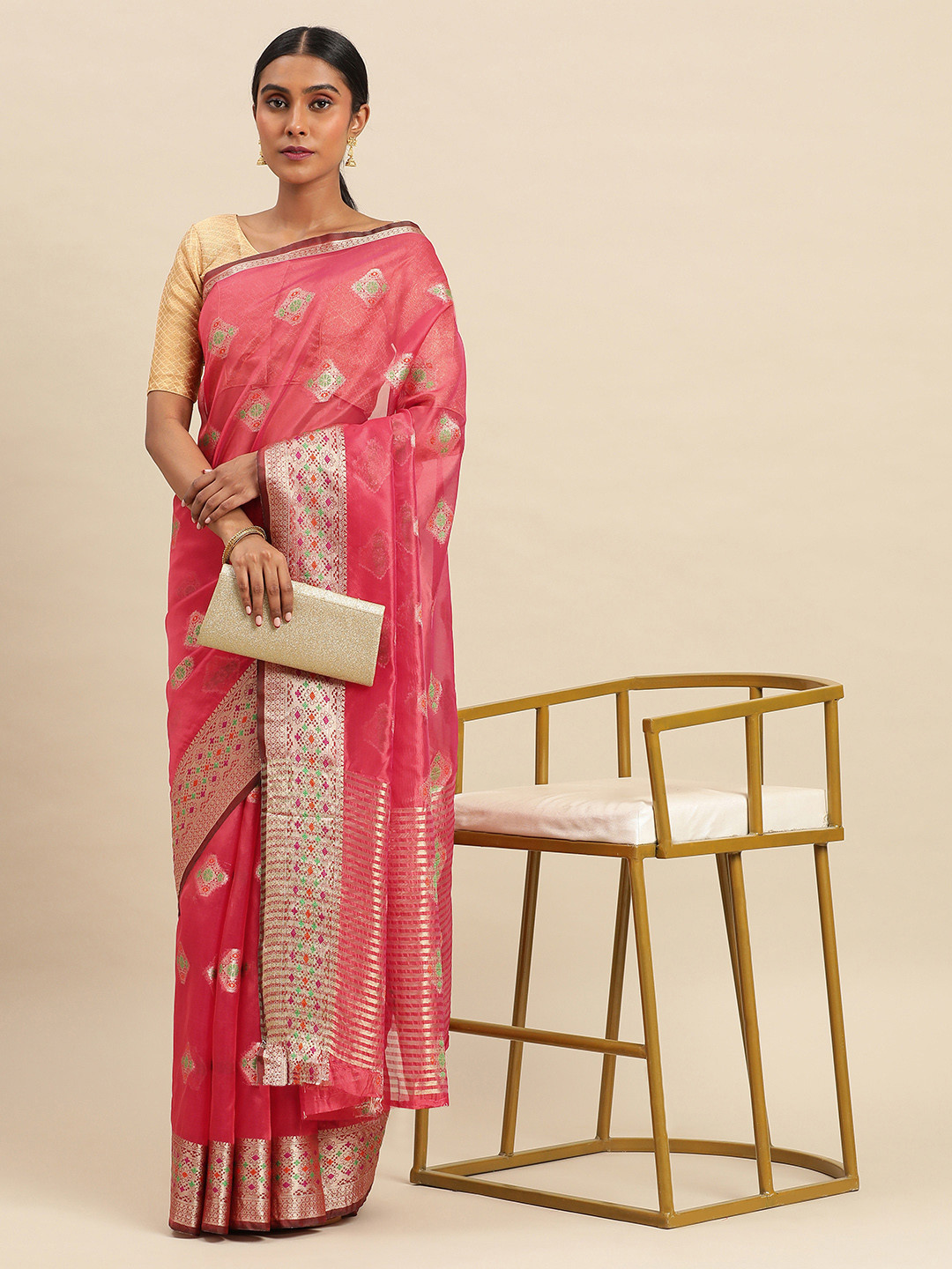 Buy Indian Women Ethnic Motifs Zari Organza Saree - Sarees for Women ...