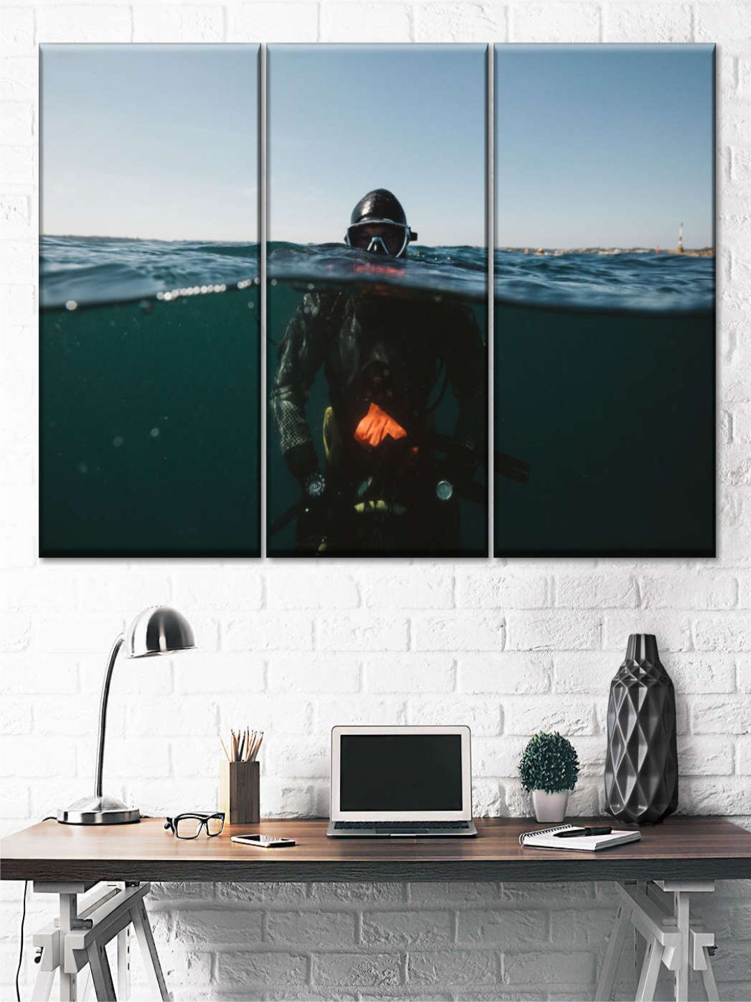 Buy POSTERS AND TRUSS Green & Blue 3 Pieces Sea Diver Painting Wall Art ...