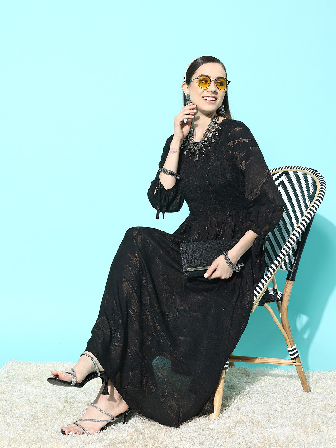 Buy Indo Era Black & Brown Dyed Puff Sleeves Fit & Flare Midi Ethnic ...