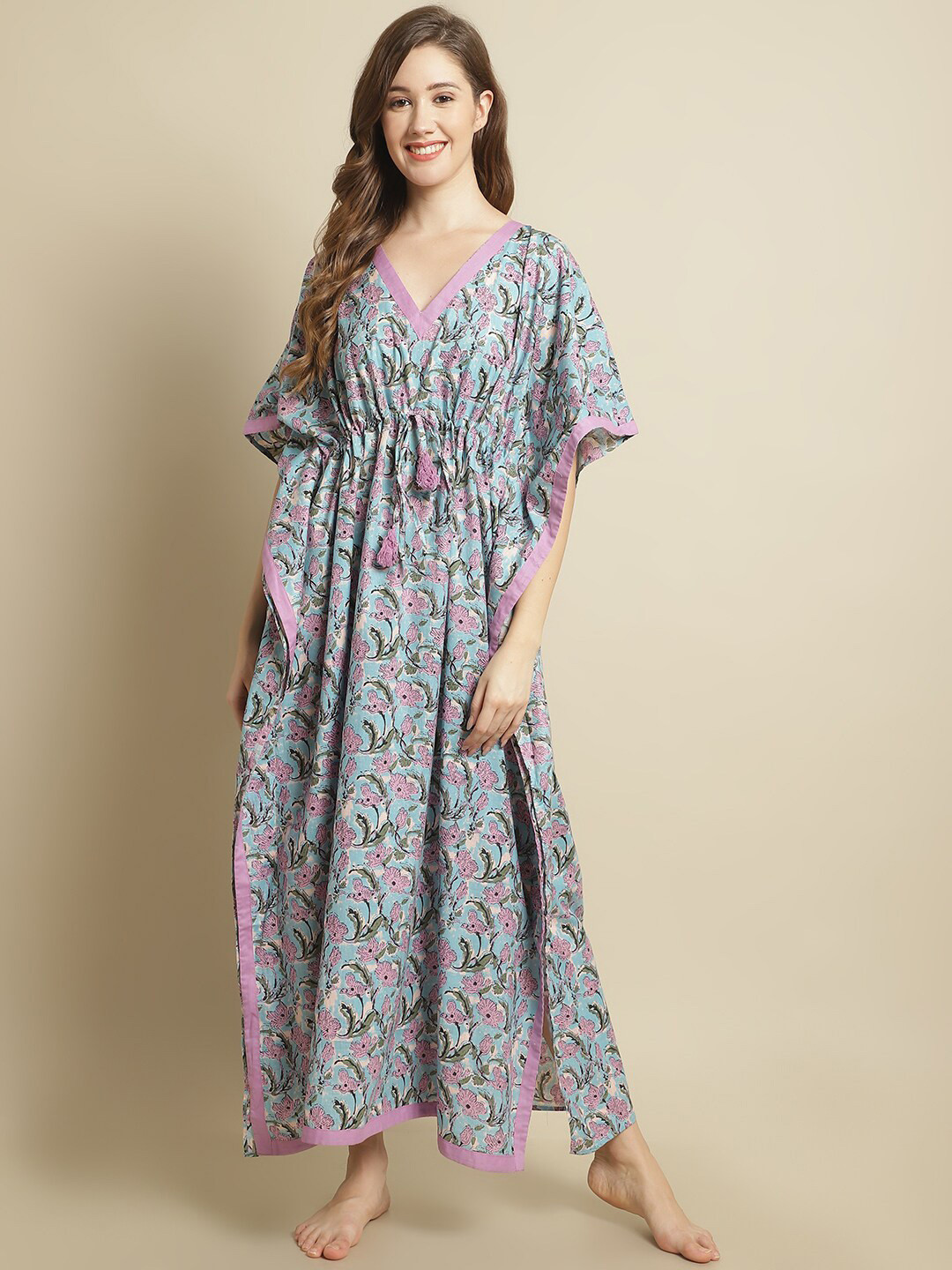 Buy Secret Wish Sanganeri Floral Printed Pure Cotton Kaftan Nightdress ...
