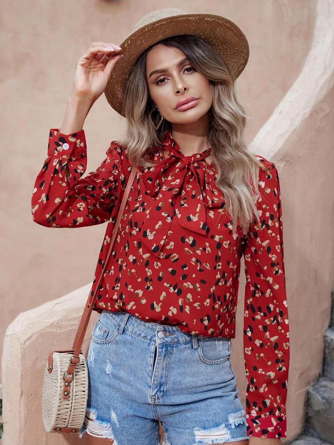 Buy Kotty Red Abstract Printed Tie Up Neck Regular Top - Tops for Women ...