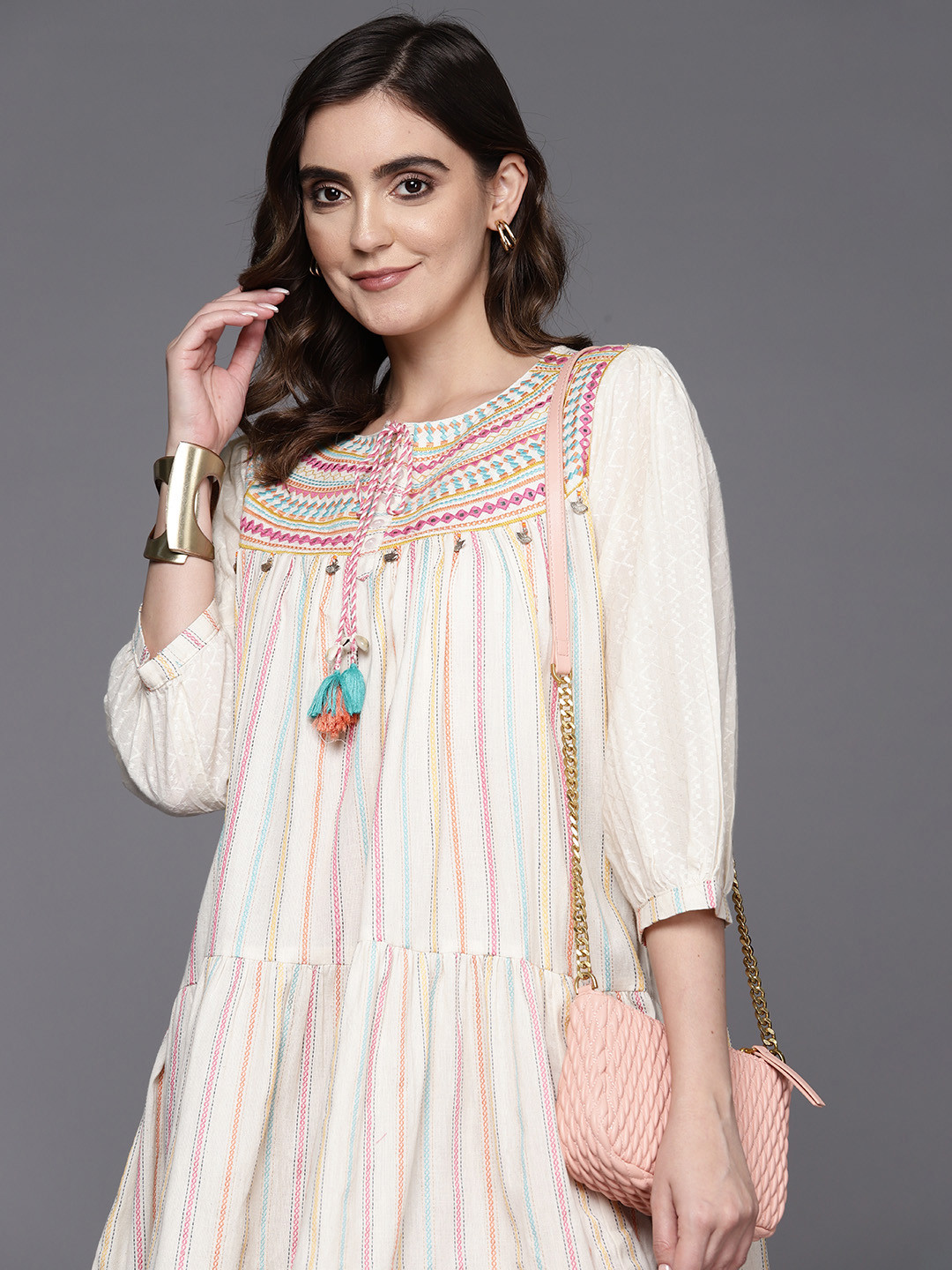Buy Indo Era Embroidered Tie Up Neck Puff Sleeve A Line Dress - Dresses ...