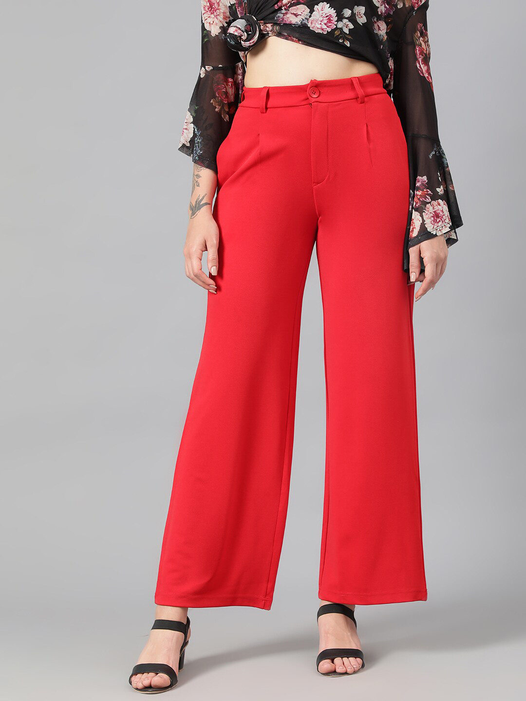 Buy Kotty Women Red High Rise Relaxed Wide Leg Straight Fit Easy Wash ...