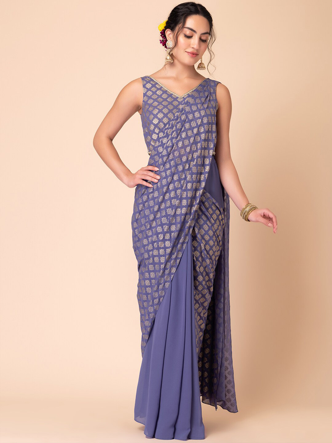 Buy INDYA Ethnic Motif Printed Ready To Wear Saree - Sarees for Women ...