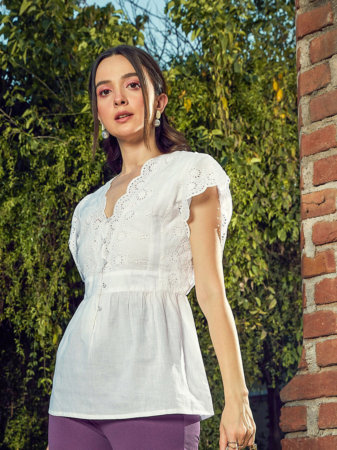 Buy SASSAFRAS White Self Design Kimono Sleeves Pure Cotton Schiffli Top ...