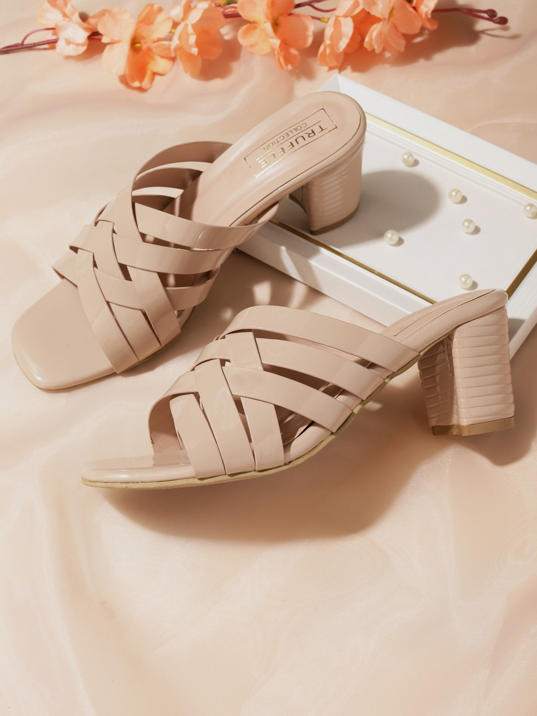 Buy Truffle Collection Nude Coloured Embellished Block Sandals - Heels ...