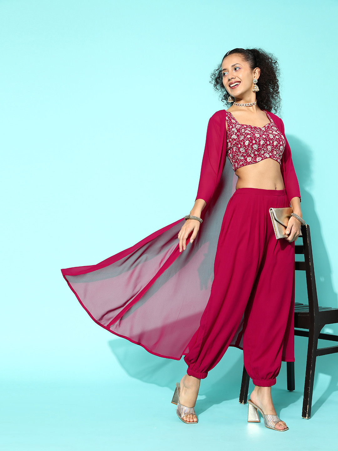 Buy Libas Women Embroidered Crop Top With Salwar & Longline Shrug - Co ...