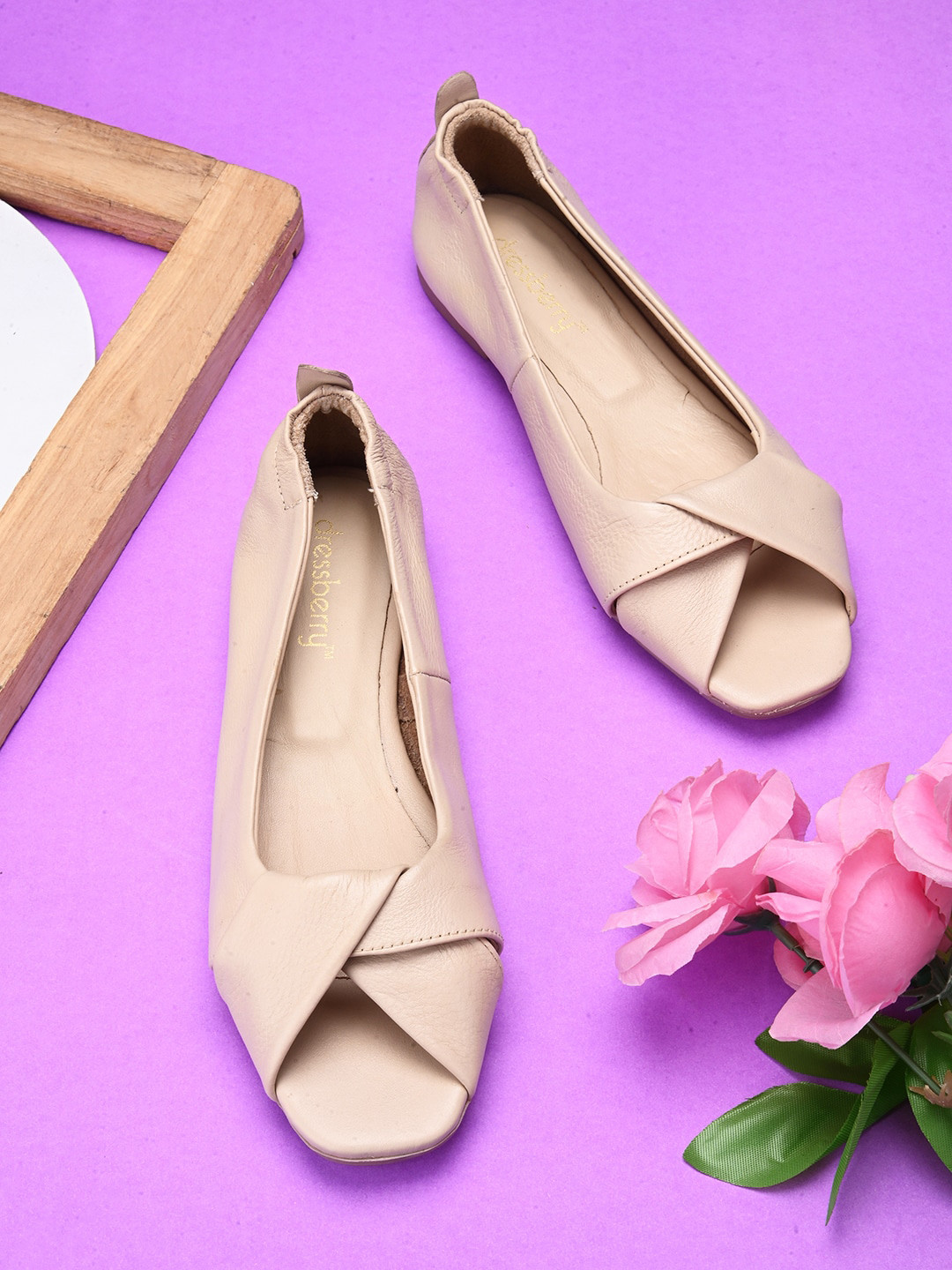 Buy DressBerry Beige Textured Leather Peep Toe Ballerinas - Flats for ...