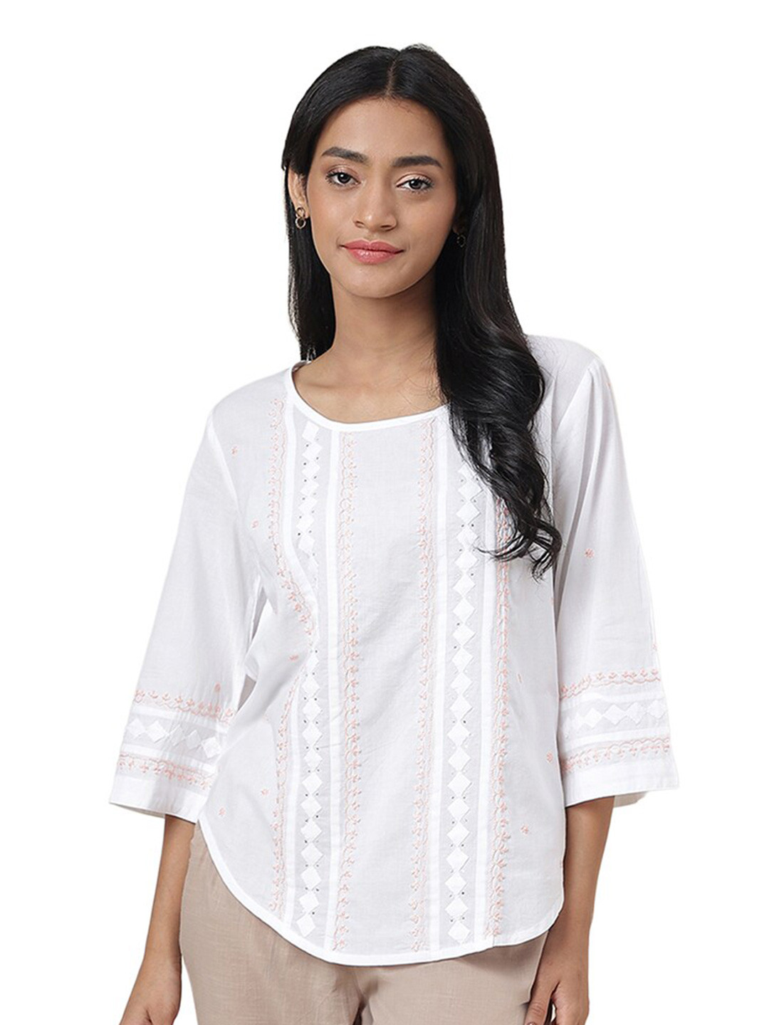 Buy Fabindia Floral Embroidered Round Neck Cotton A Line Top - Tops for ...