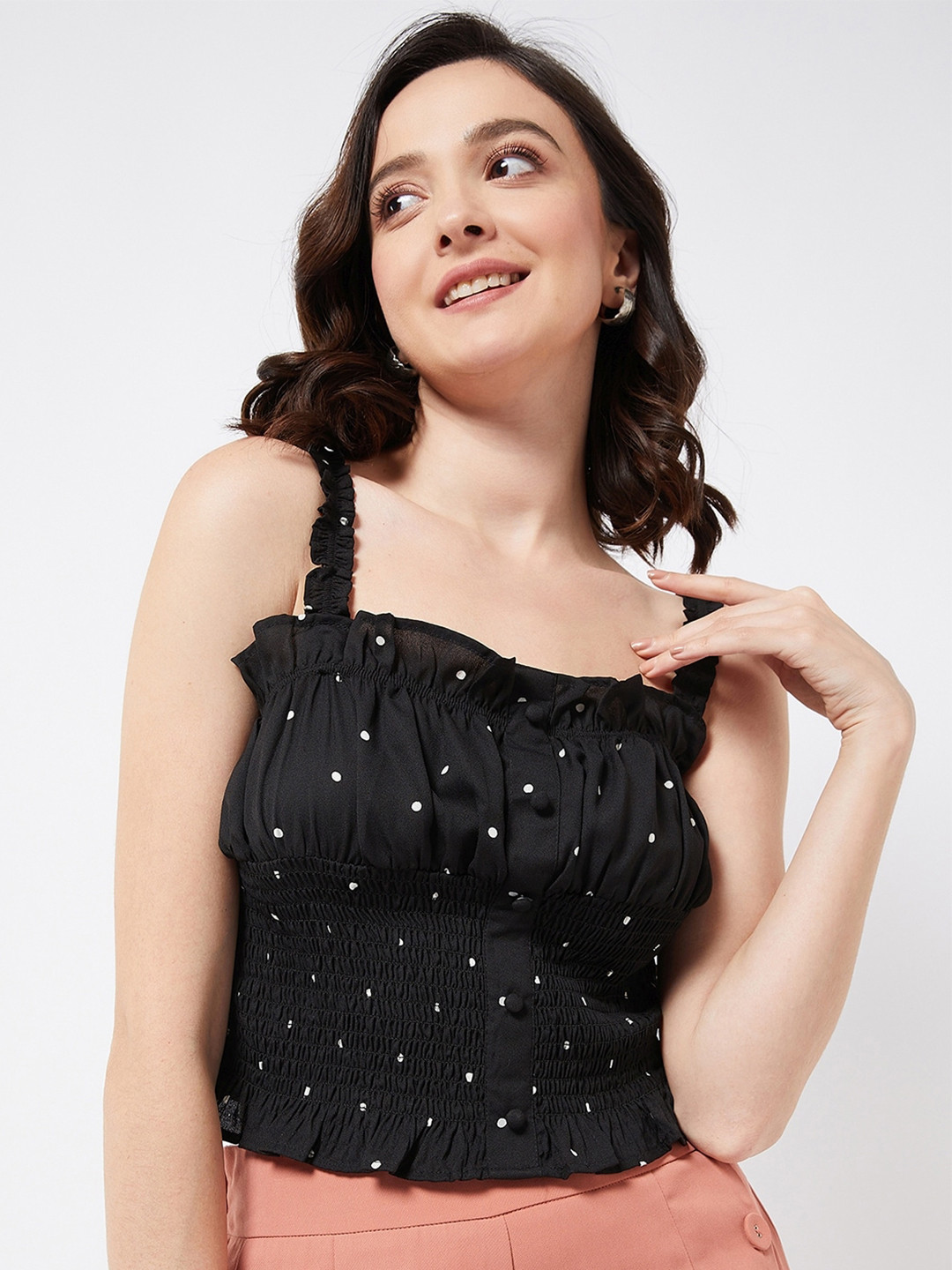 Buy MAGRE Black Polka Dot Printed Smocked Georgette Crop Top - Tops for ...