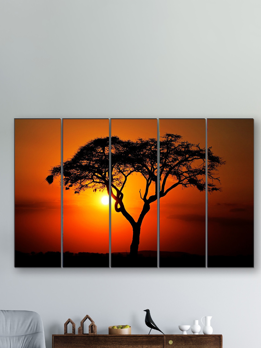 Buy SAF Orange & Black 5 Pieces Sunrise Landscape Framed Wall Painting ...