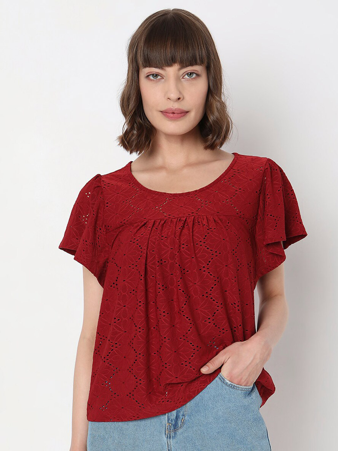 Buy Vero Moda Self Design Flutter Sleeve A Line Top - Tops for Women ...