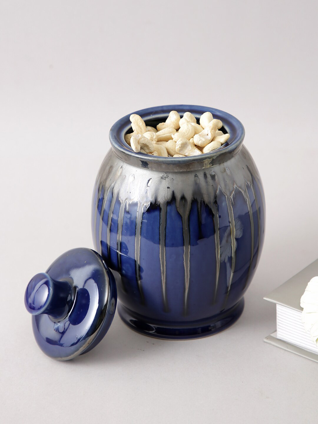 Buy Aapno Rajasthan Blue & Silver Toned Circular Shaped Ceramic Storage ...