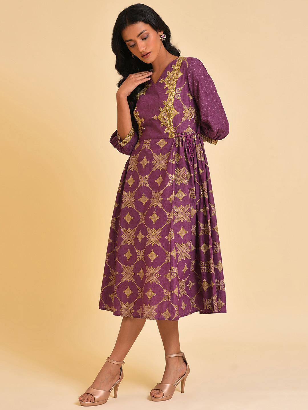 Buy W Purple Ethnic Motifs Print Pure Cotton Fit & Flare Ethnic Midi ...