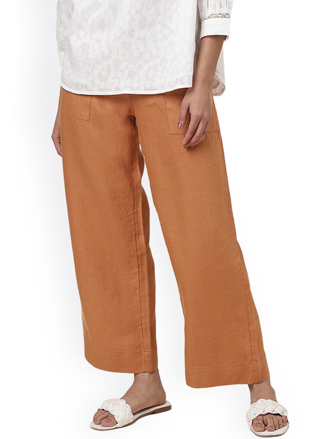 Buy Fabindia Women Brown Straight Fit Mid Rise Linen Parallel Trousers ...