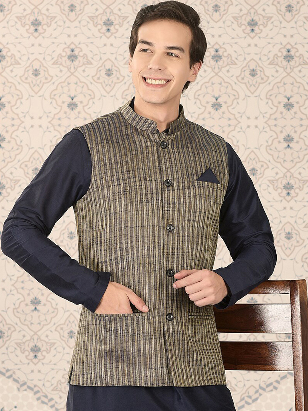 Buy Ode By House Of Pataudi Navy Blue Woven Design Nehru Jacket - Nehru ...