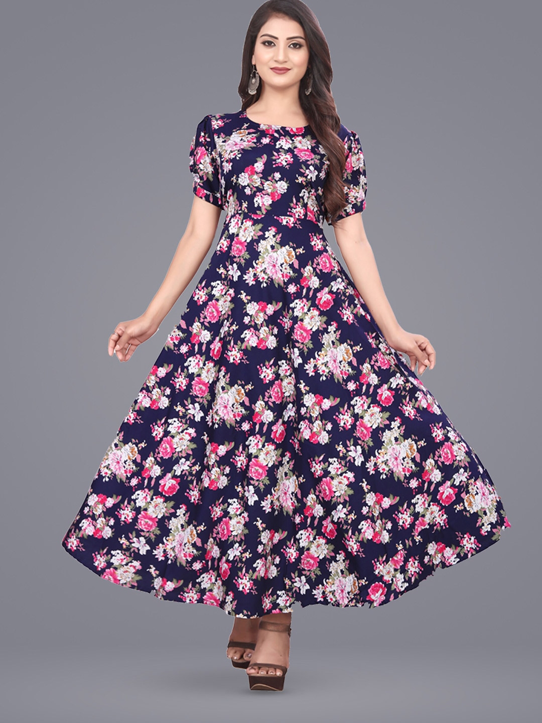 Buy N N Enterprise Floral Printed Puff Sleeve Fit And Flare Maxi Dress
