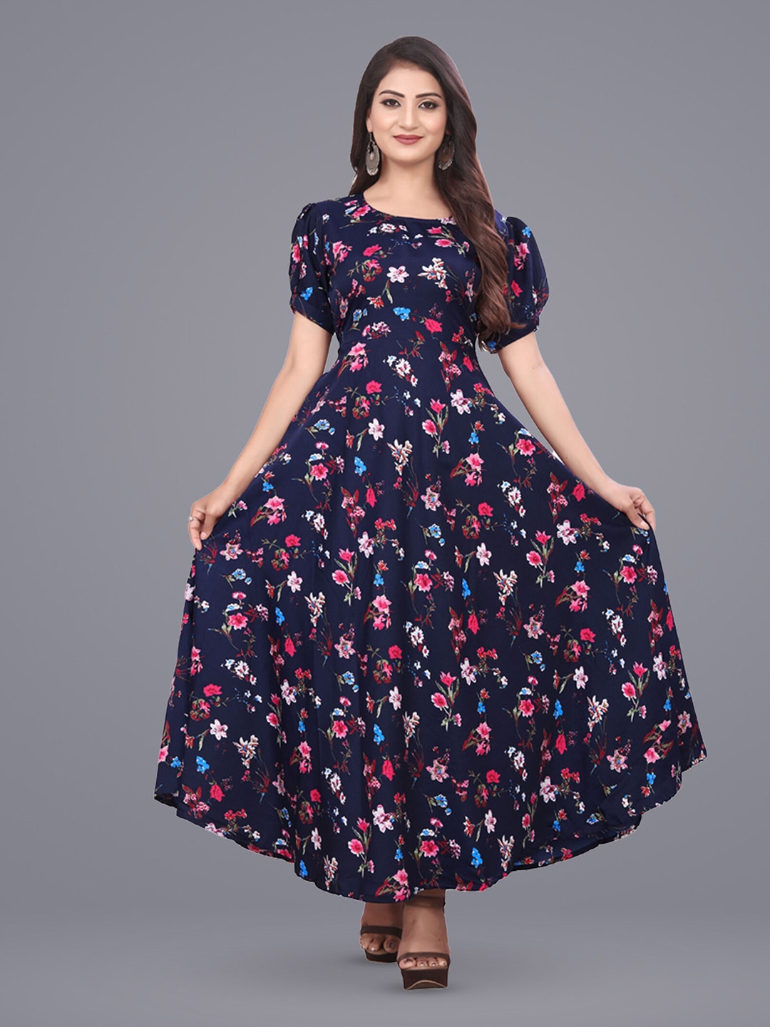 Buy N N Enterprise Floral Printed Puff Sleeve Fit And Flare Maxi Dress