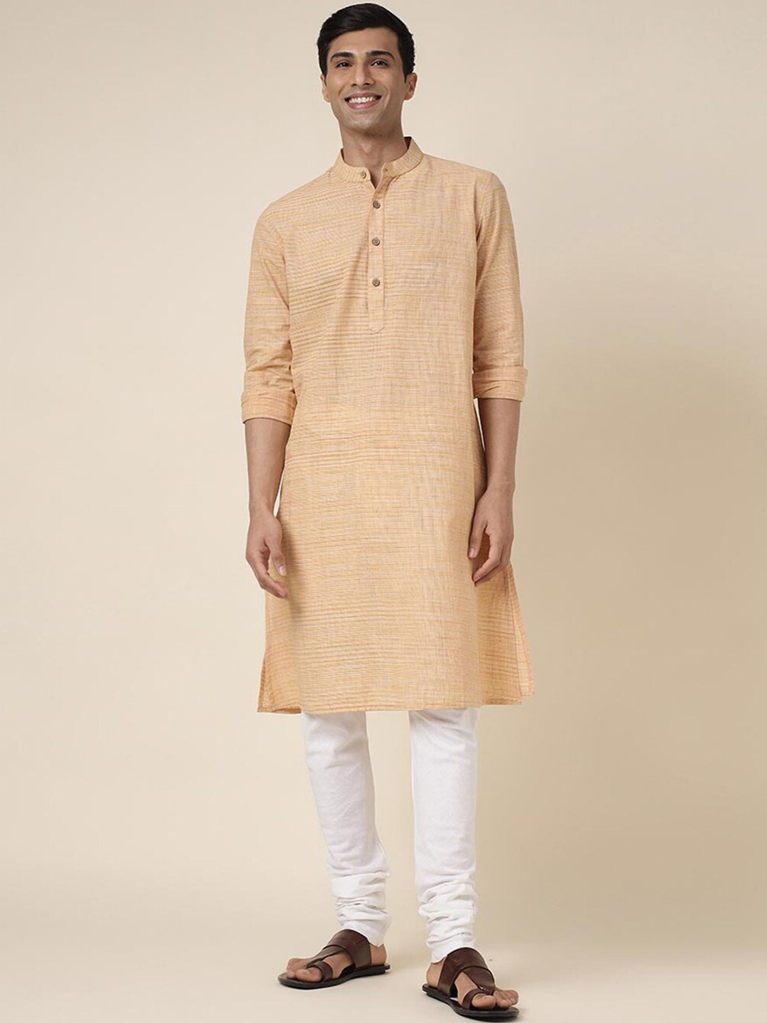 Buy Fabindia Striped Woven Design Band Collar Pure Cotton Kurta ...
