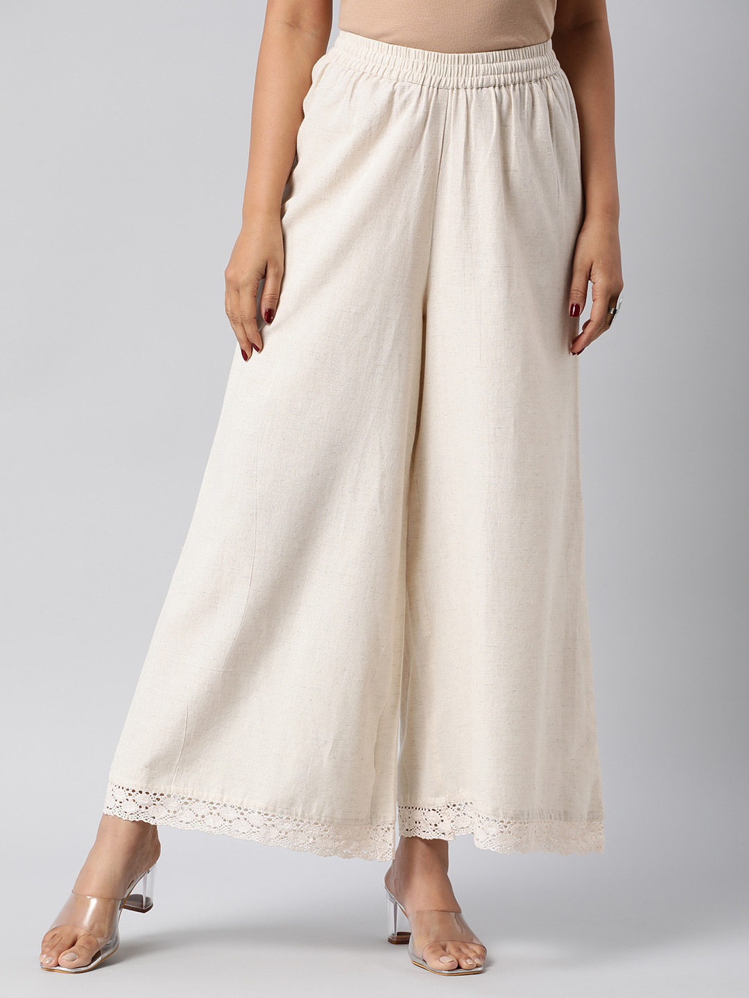 Buy KAMI KUBI Women Floral Hem Design Cotton Flared Palazzos - Palazzos ...